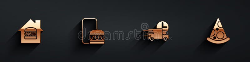 Set Online Ordering and Delivery, , Fast by Car and Slice of Pizza Icon ...