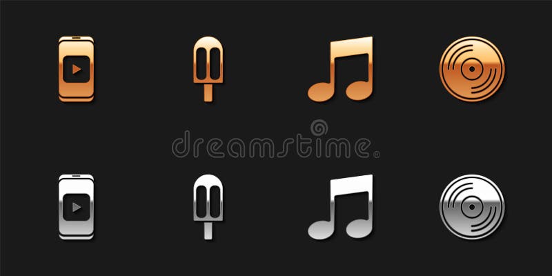 Set Online Play Video, Ice Cream, Music Note, Tone and Vinyl Disk Icon ...