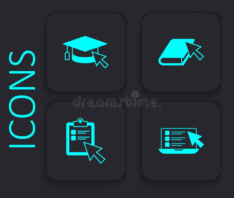 Set Online Quiz, Test, Survey, Graduation Cap with Cursor, Book and ...