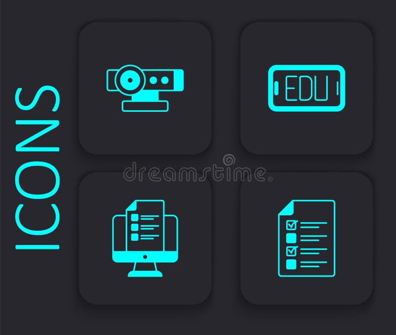 Set Online Quiz, Test, Survey, Web Camera, Education and Icon. Black ...