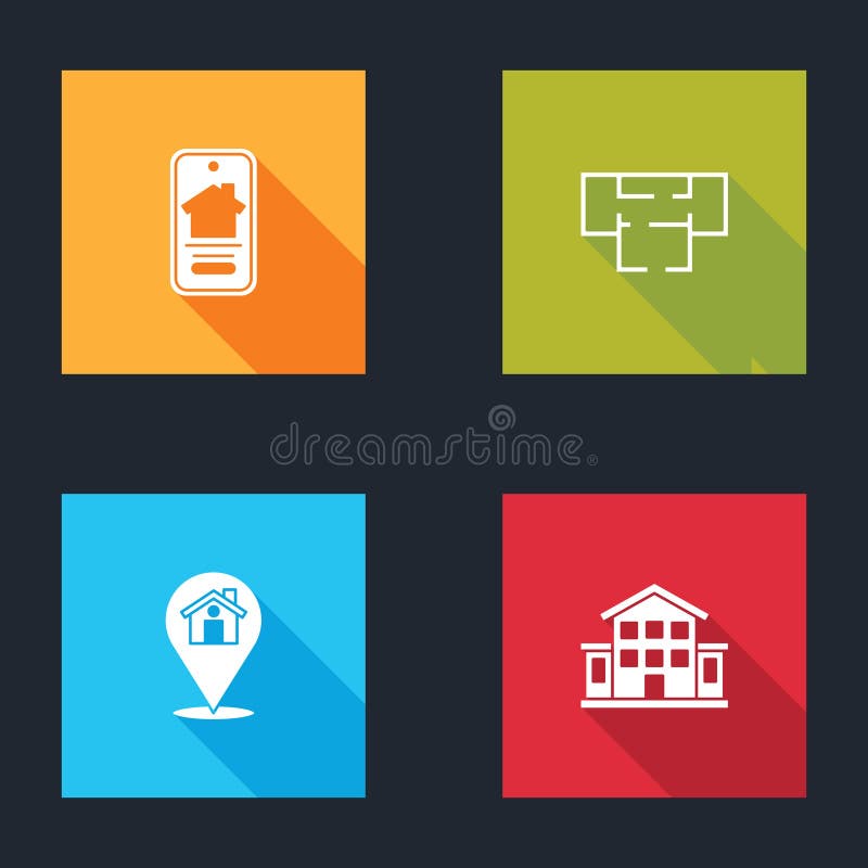 Set Online Real Estate House, House Plan, Location with and Icon ...