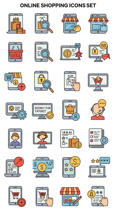 A Set of Online Shopping Icons Presented in a Grid Layout. these Icons ...