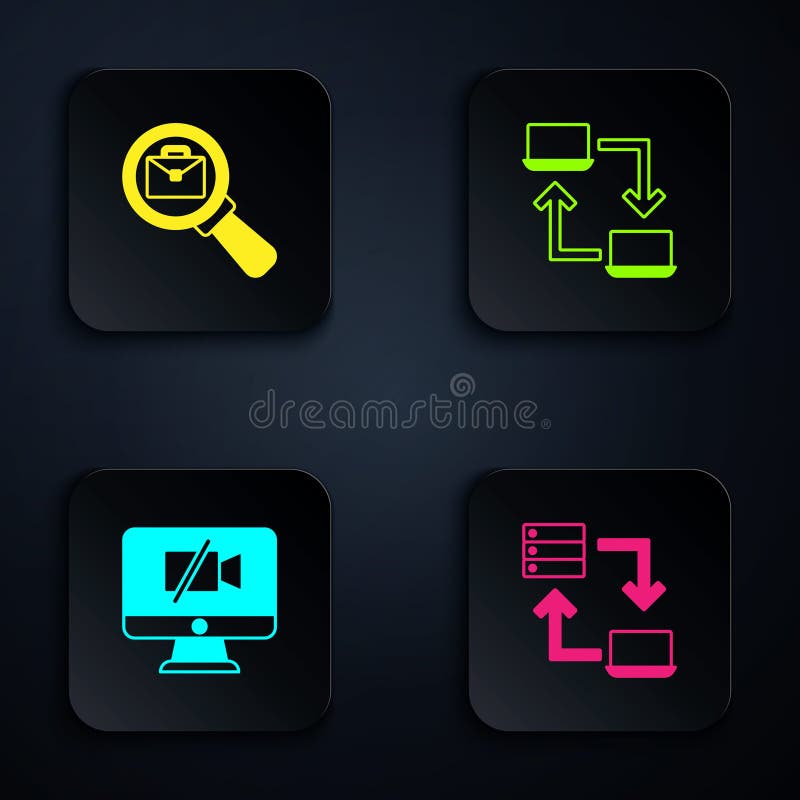 Set Online Working, Magnifying Glass with Briefcase, Video Camera Off ...