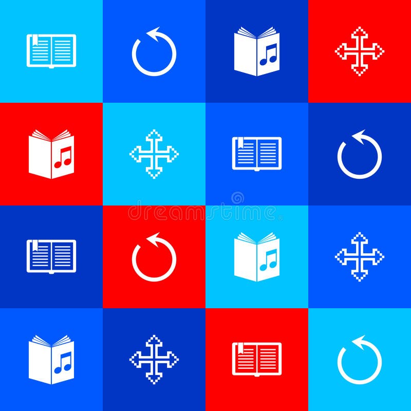Set Open Book, Refresh, Audio and Pixel Arrows in Four Directions Icon ...