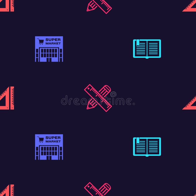 Set Open Book, Supermarket Building, Crossed Ruler and Pencil and ...