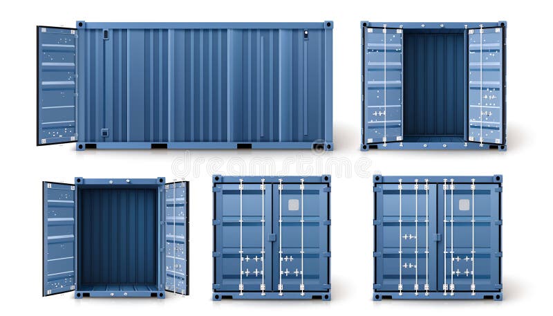 Set of Open and Closed Blue Metal Cargo Containers, Shown from Front ...