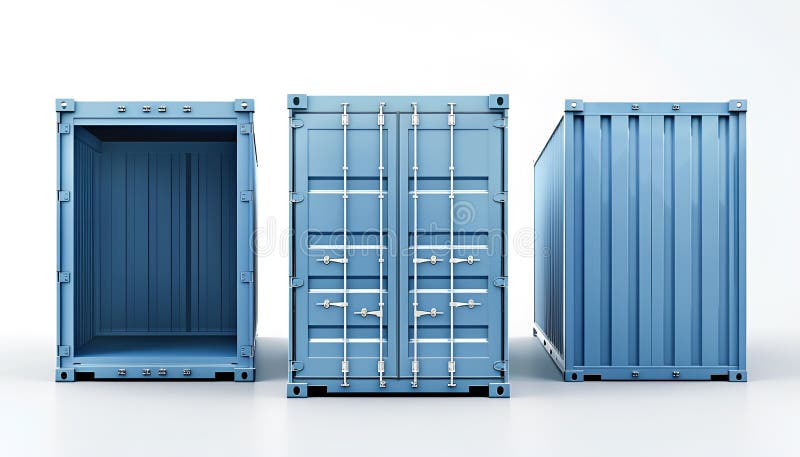 Set of Open and Closed Blue Metal Cargo Containers, Shown from Front ...