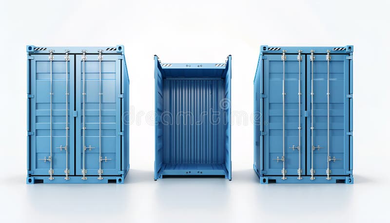 Set of Open and Closed Blue Metal Cargo Containers, Shown from Front ...