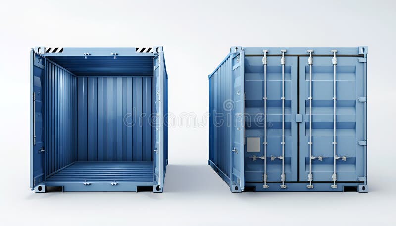 Set of Open and Closed Blue Metal Cargo Containers, Shown from Front ...