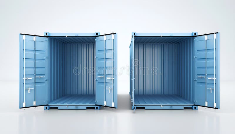 Set of Open and Closed Blue Metal Cargo Containers, Shown from Front ...