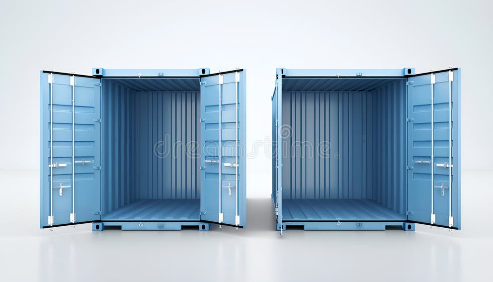 Set of Open and Closed Blue Metal Cargo Containers, Shown from Front ...