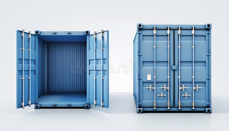 Set of Open and Closed Blue Metal Cargo Containers, Shown from Front ...
