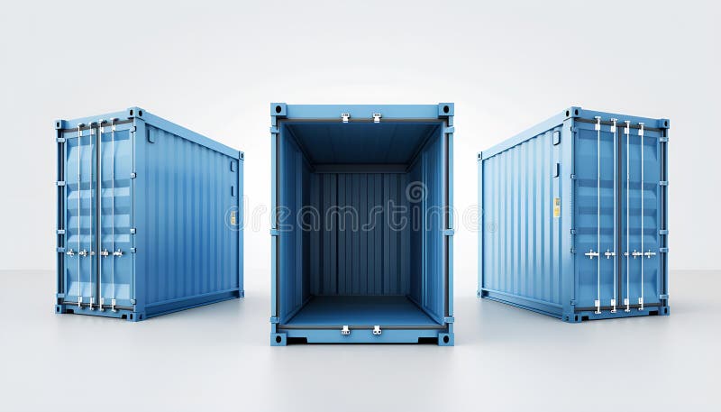 Set of Open and Closed Blue Metal Cargo Containers, Shown from Front ...