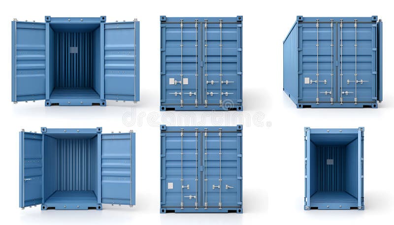 Set of Open and Closed Blue Metal Cargo Containers, Shown from Front ...