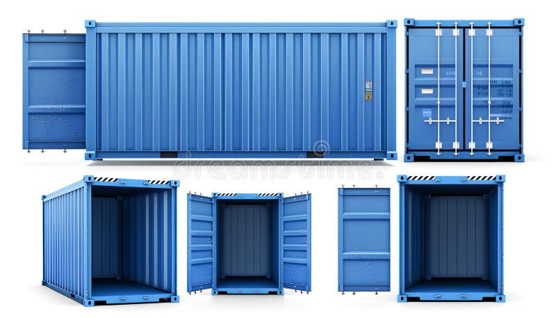 Set of Open and Closed Blue Metal Cargo Containers, Shown from Front ...