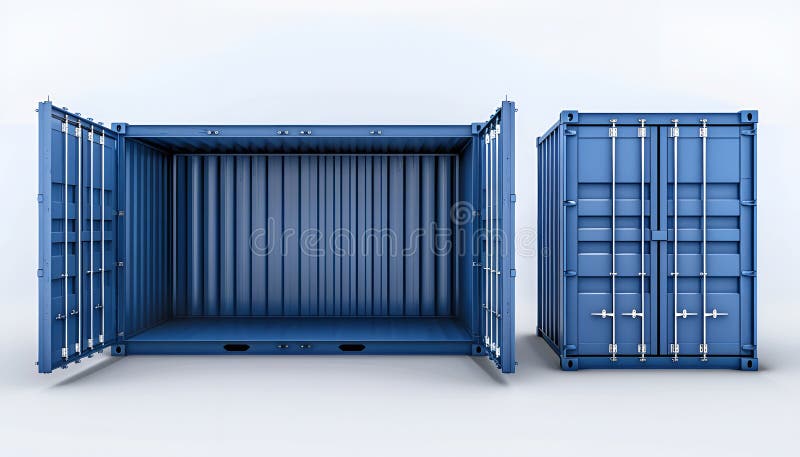 Set of Open and Closed Blue Metal Cargo Containers, Shown from Front ...