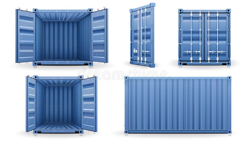 Set of Open and Closed Blue Metal Cargo Containers, Shown from Front ...