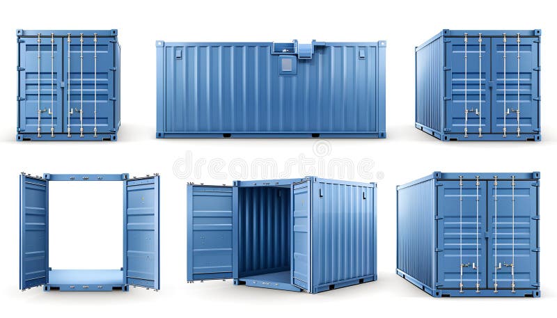 Set of Open and Closed Blue Metal Cargo Containers, Shown from Front ...