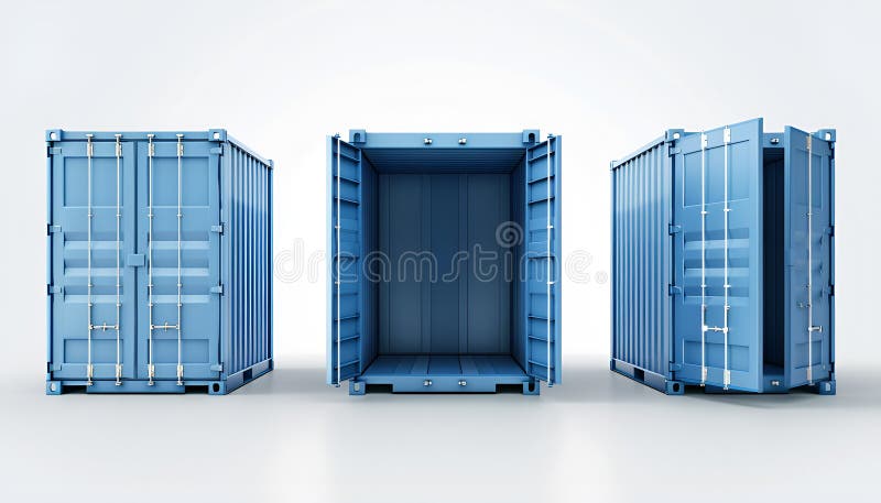 Set of Open and Closed Blue Metal Cargo Containers, Shown from Front ...