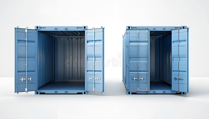 Set of Open and Closed Blue Metal Cargo Containers, Shown from Front ...
