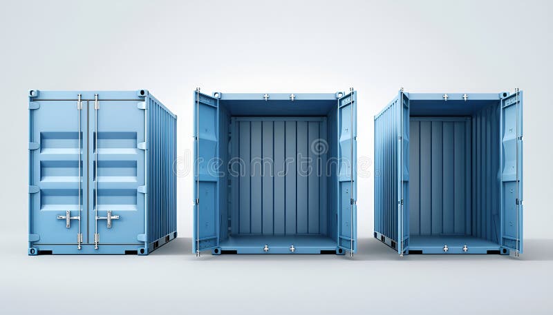 Set of Open and Closed Blue Metal Cargo Containers, Shown from Front ...