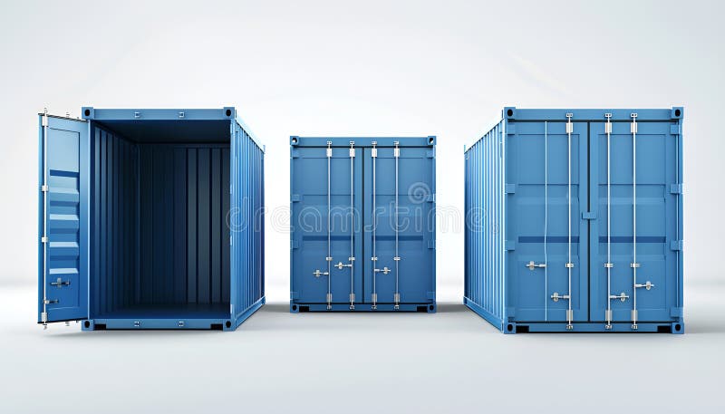 Set of Open and Closed Blue Metal Cargo Containers, Shown from Front ...