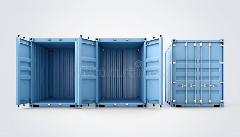 Set of Open and Closed Blue Metal Cargo Containers, Shown from Front ...