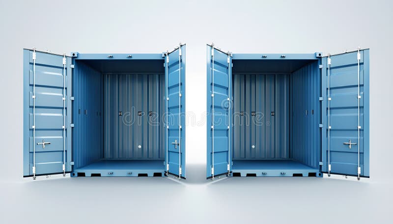 Set of Open and Closed Blue Metal Cargo Containers, Shown from Front ...