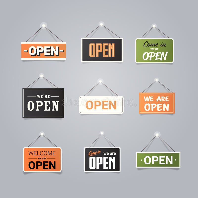 Open Door Text Sign Red Shop Label Over Green Stock Vector ...