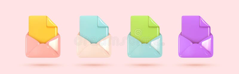 Set of Open Email Envelope Icon with Document. Post Mail Letter ...