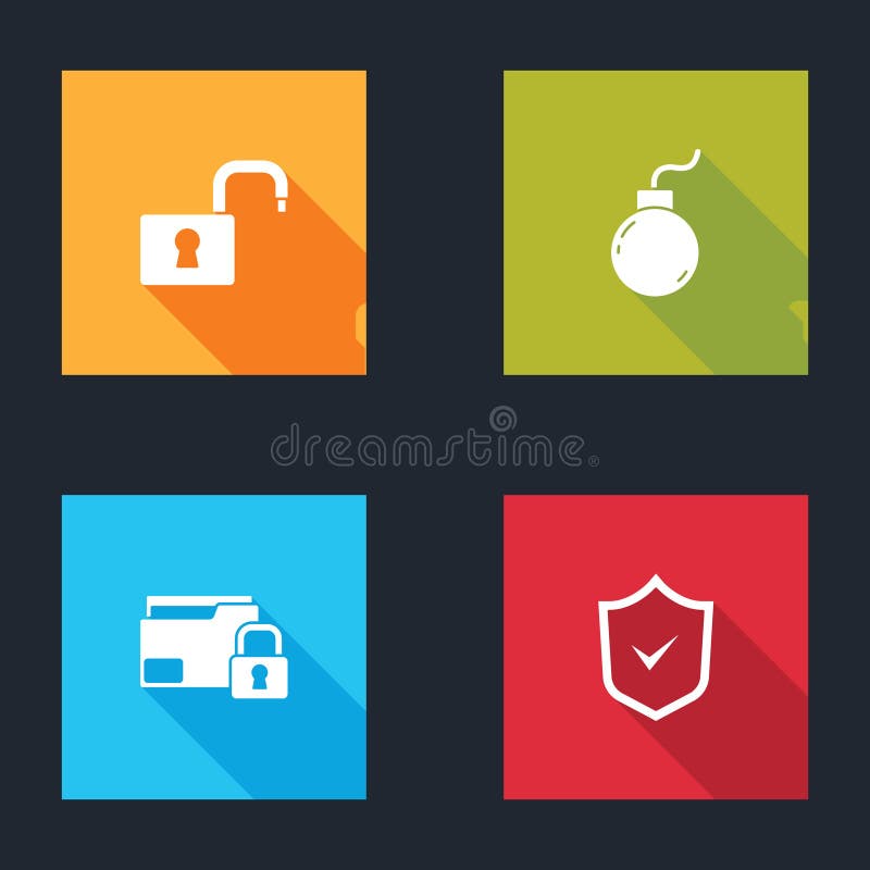 Set Open Padlock, Bomb Ready To Explode, Folder and and Shield with ...