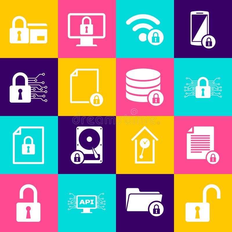 Set Cyber Security, Laptop and Lock, Lock Check Mark, Computer Api Interface, USB Flash Drive ...