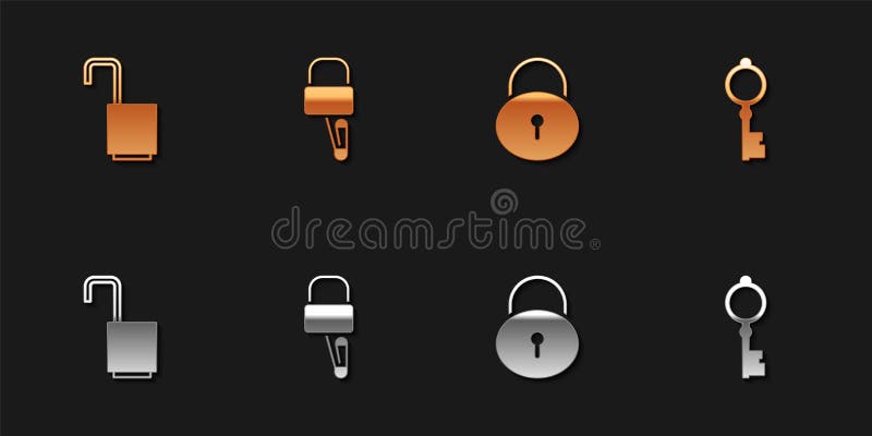 Set Open Padlock, Lock Picks for Picking, and Old Key Icon. Vector ...
