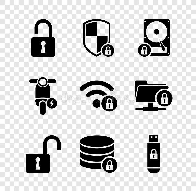 Set Open Padlock, Shield Security with, Hard Disk Drive and, , Server ...