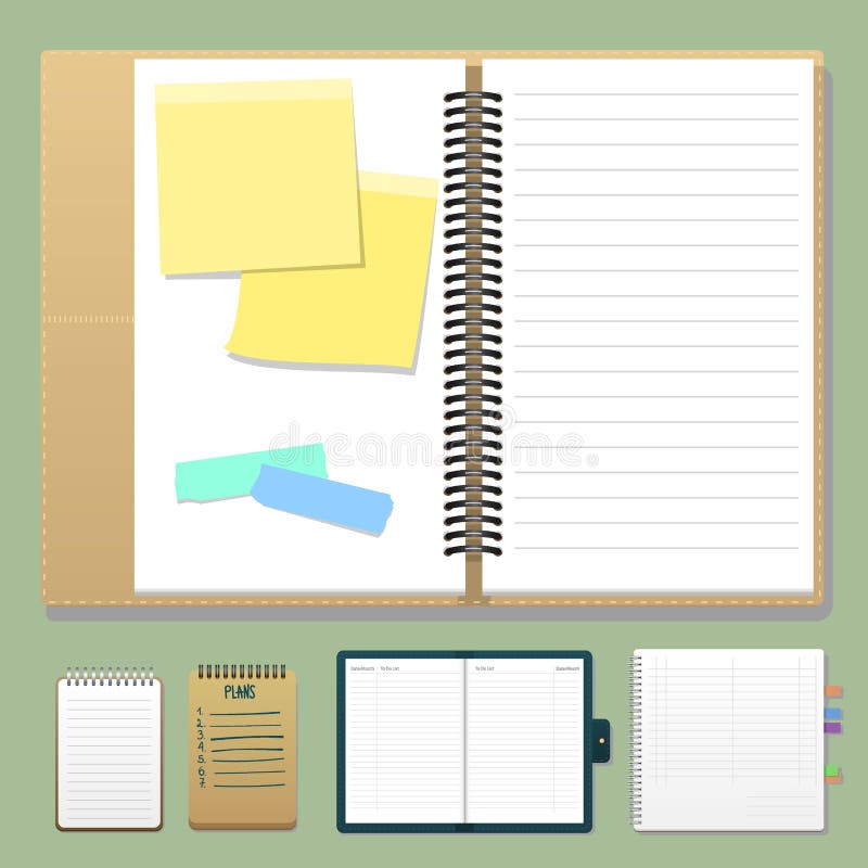 Set of Open Realistic Notebooks with Pages Diary Office Sheet Template ...