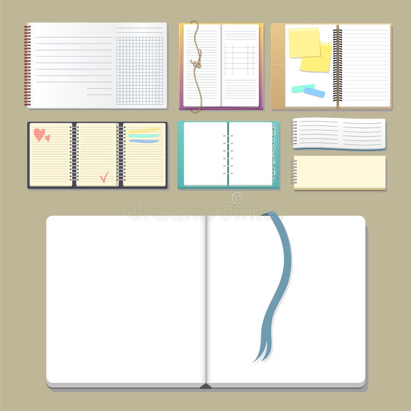 Set of Open Realistic Notebooks with Pages Diary Office Sheet Template ...