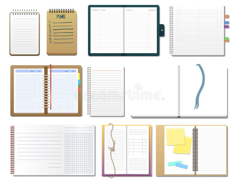Set of Open Realistic Notebooks with Pages Diary Office Sheet Template ...