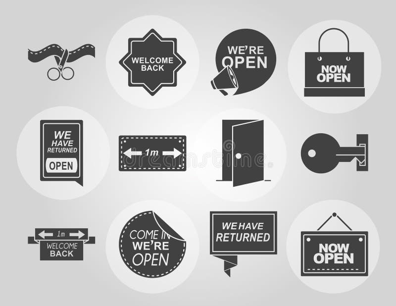 Set of we are Open Signboards for Business Silhouette Icons Stock ...