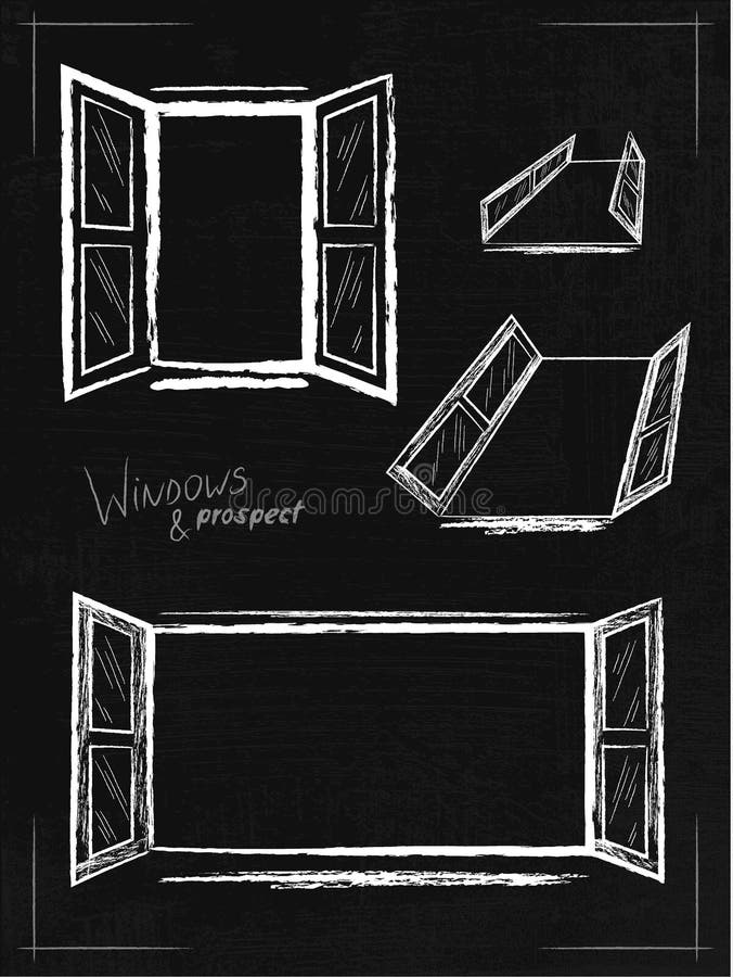 Set of Open Windows Drawn in Chalk. Architectural Element Hand Drawing ...