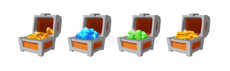 Set of Opened Wooden Chests with Different Bright Treasures Flat Style ...