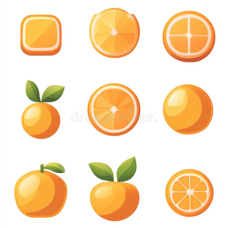Set of Orange Fruit Icons. Vector Illustration. Isolated on White ...