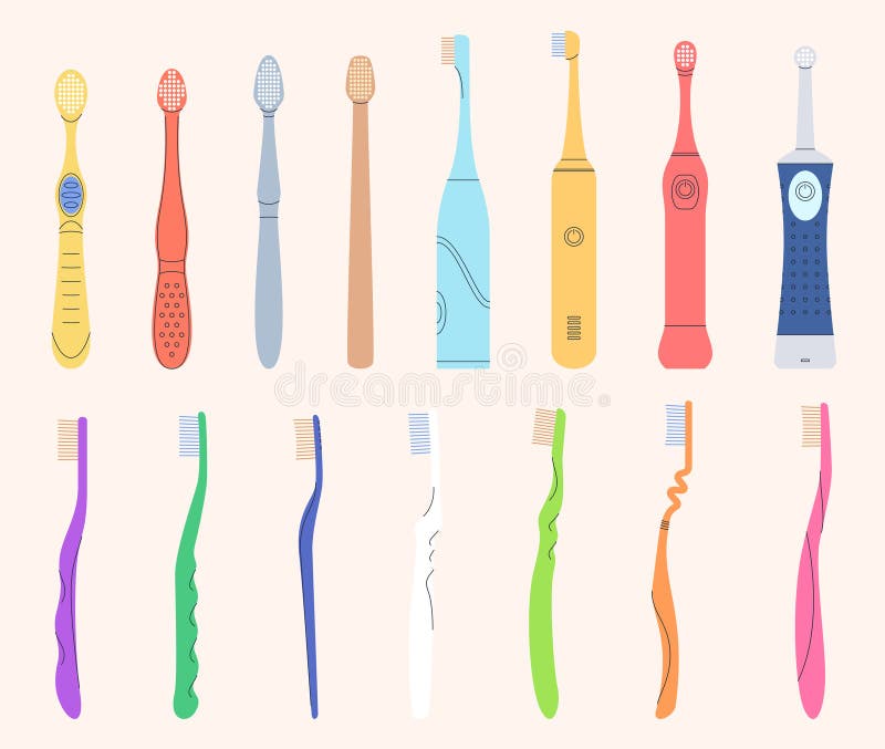 A Set of Ordinary and Electric Colored Toothbrushes. Brushes of ...