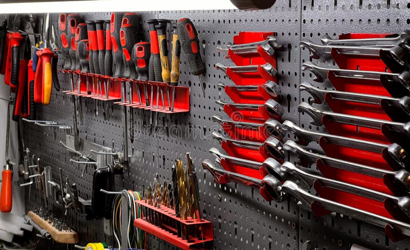 Set of Organized Different Tools Hanging on a Wall in a Garage Stock ...