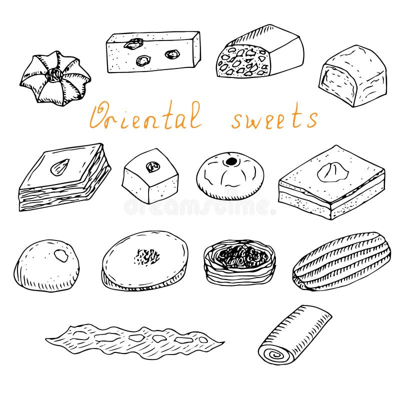 Set of Oriental Sweets, Vector Illustration, Hand Drawing, Sketch Stock ...