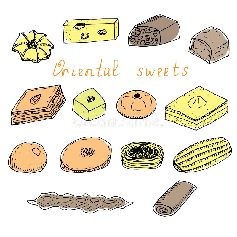 Set of Oriental Sweets, Vector Illustration, Hand Drawing, Sketch ...