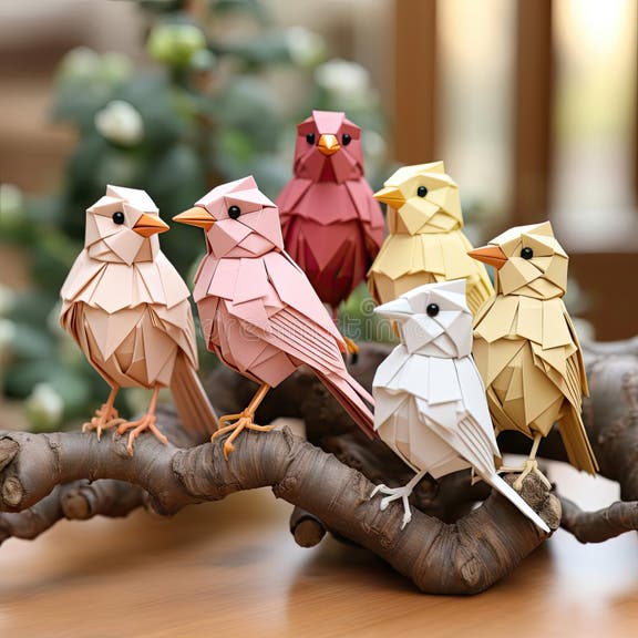 Set of Origami Birds Perched on a Branch Stock Illustration ...
