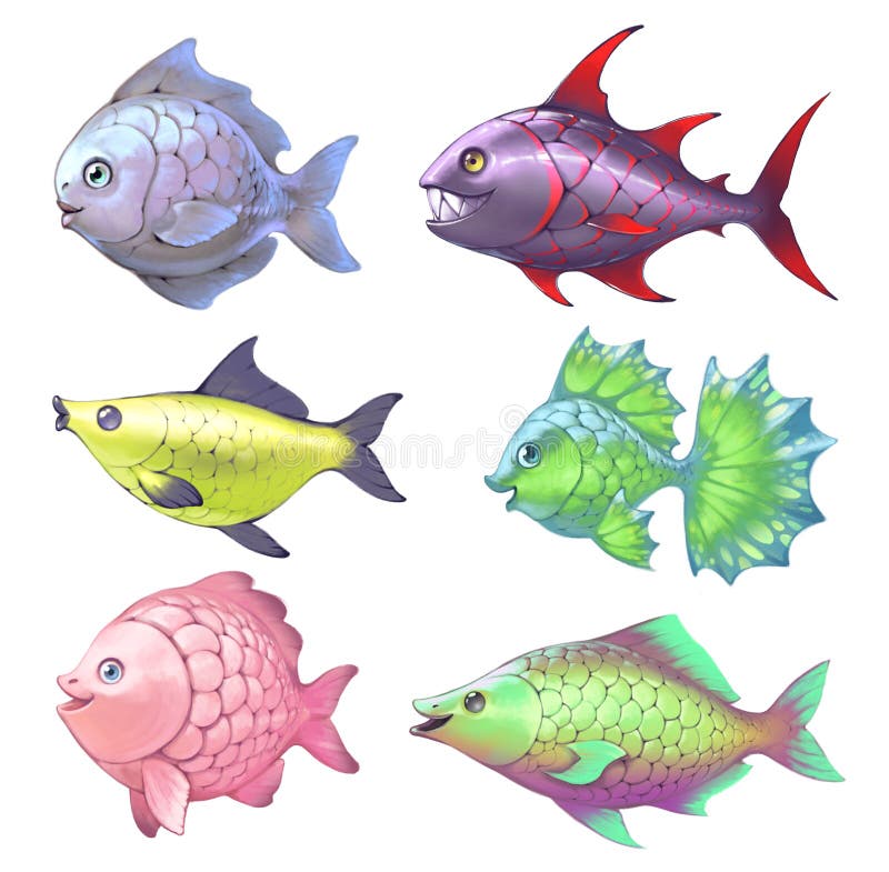 Set of Original Raster Digital Colorful Cartoon Fish Stock Illustration ...