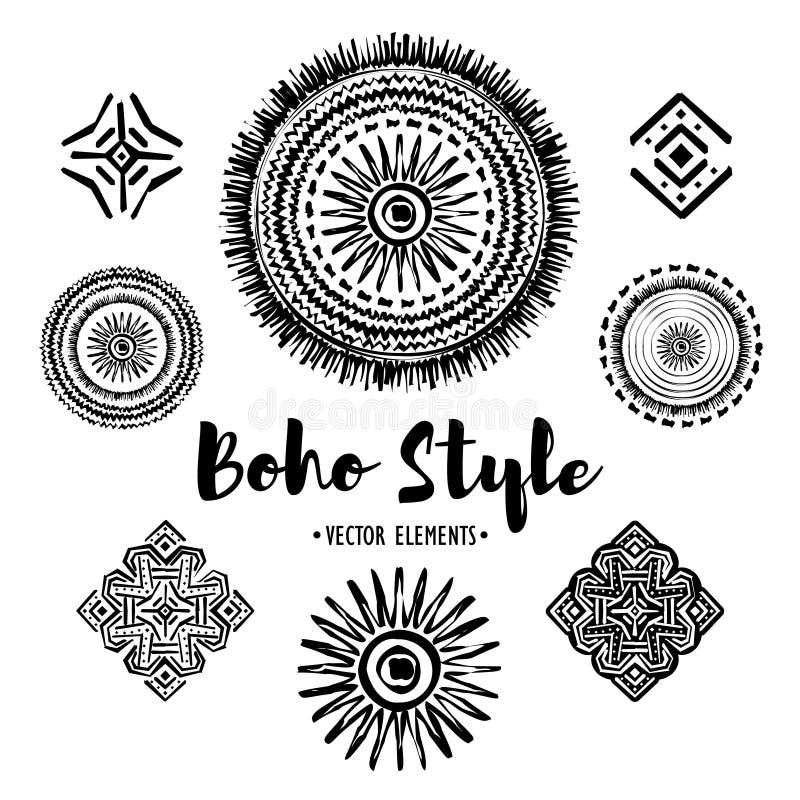 Set of Ornamental Black and White Boho Style Elements. Stock ...