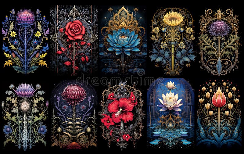Set of Ornamental Floral Elements for Design of Card Back on Black ...