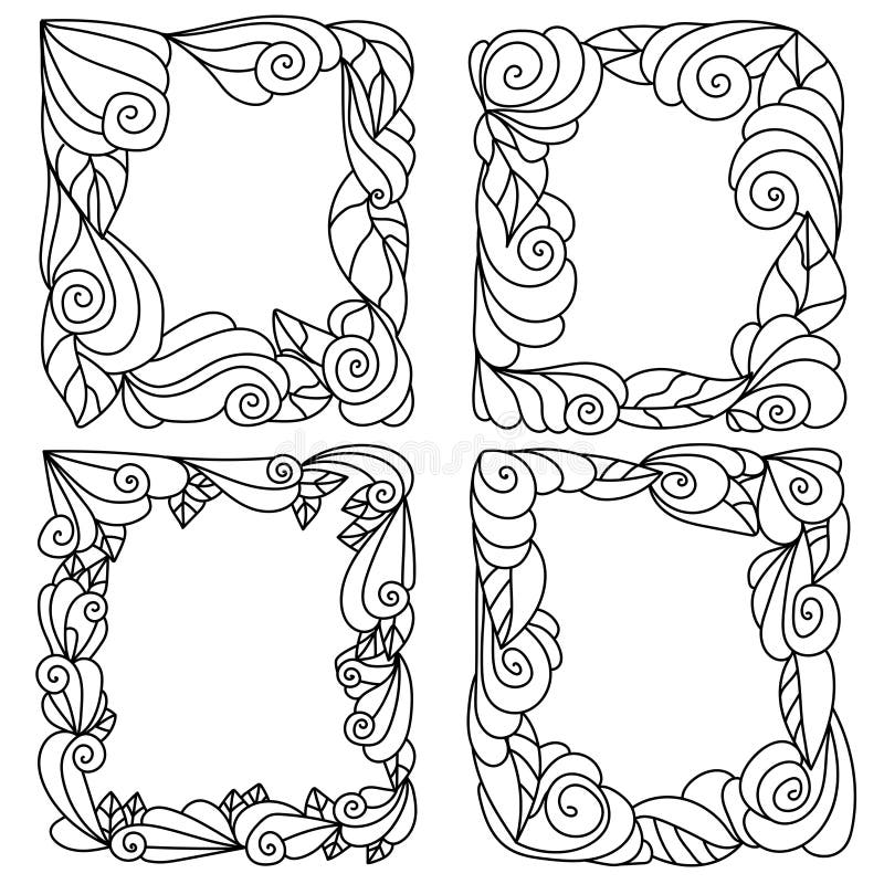 Set of Ornate Frames with Curls and Leaves, Contour Rectangular Borders ...